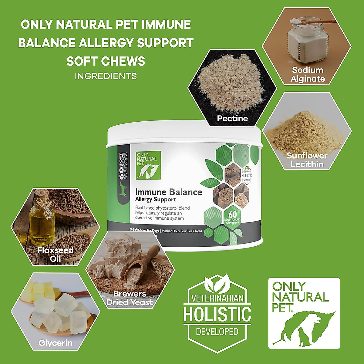 Only Natural Pet Immune Balance - Immunity Booster for Itchy Skin Licking & Scratching w/Phytosterols for Seasonal or Food Allergies Vitamin Supplement for Healthy Dogs & Cats - 60 Soft Chews
