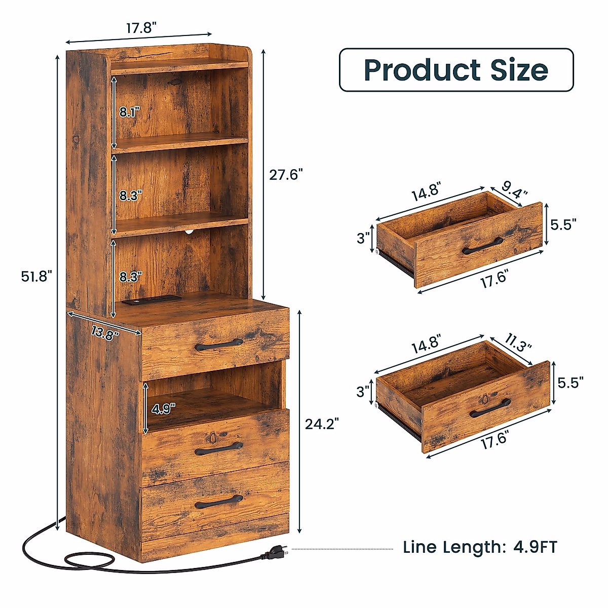 AOGLLATI Tall Night Stand with Charging Station and LED Lights, Nightstand with 3 Drawers, Bedside Table with Bookshelf, Modern End Side Table for Bedroom, Rustic Brown