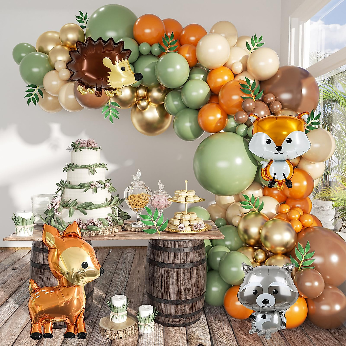 Woodland Animals Balloon Garland Arch Kit, 148pcs Woodland Themed Sage Green Brown Balloons Forest Animal Baby Shower Neutral Gender Reveal Party Supplies Oh Baby Jungle Decorations