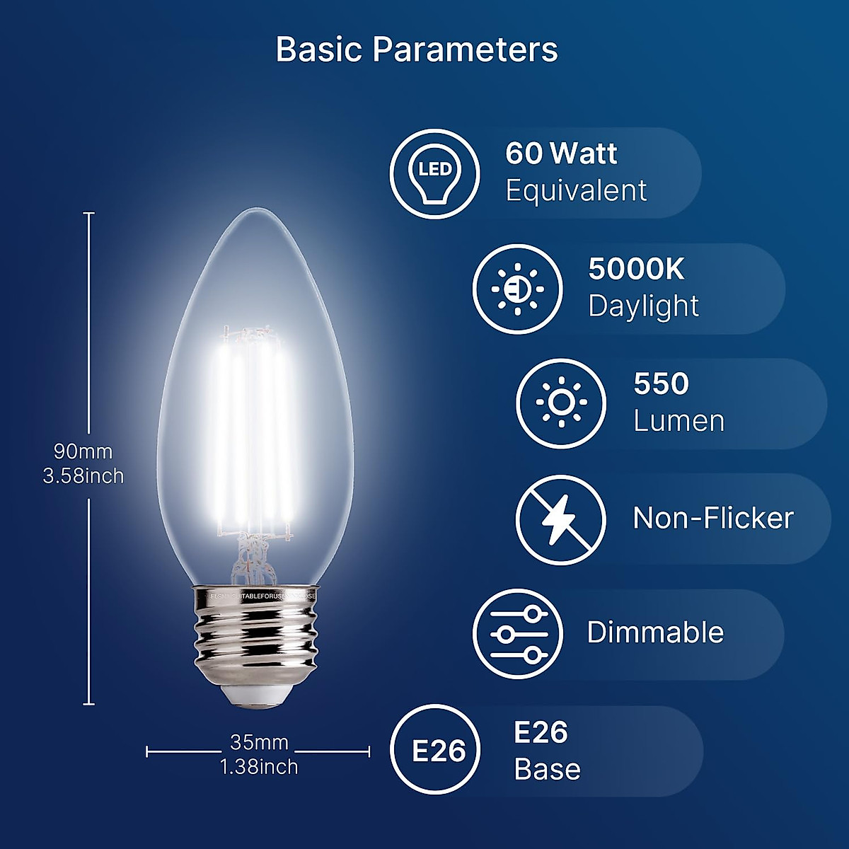 FLSNT 5000K Daylight Dimmable LED Candelabra Bulbs, 60W Equivalent, B11 E26 Base LED Chandelier Light Bulbs, 550LM, 12 Pack