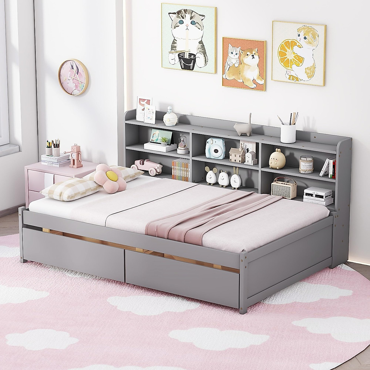 Harper & Bright Designs Full Captains Bed with Bookcase and Two Drawers, Wooden Full Size Daybed Frame with Storage,Space Saving Full Bed Frame for Girls Boys (Grey,Full)