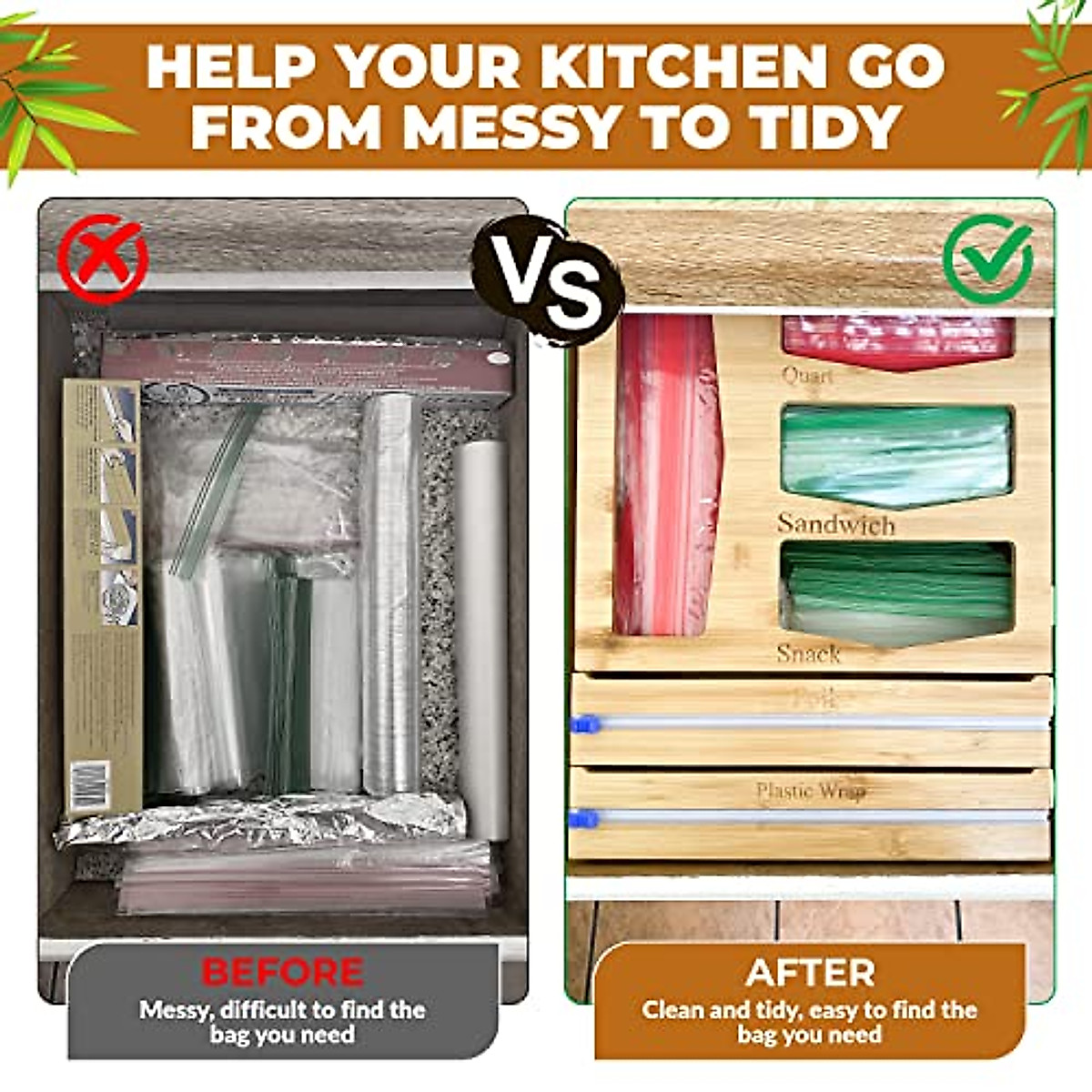 MADDIS -Ziplock Bag Storage Organizer, 6 In 1 Foil and Plastic Wrap Organizer with cutter, Ziplock Bag Storage Organizer for Kitchen Drawer or wall,Foil Organizer compatible with 12 inch size rolls.