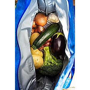 Large Collapsible Insulated Grocery Bag (2 Pack) Reusable Blue Cooler Bag for Frozen Foods and Groceries