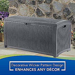 Suncast 73 Gallon Medium Resin Wicker Indoor/Outdoor Storage Box for Garden Tools, Pool Accessories, and Patio Cushions, Cyberspace