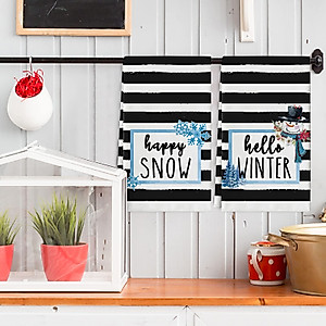 AnyDesign Hello Winter Kitchen Towel White Black Stripe Dish Towel Christmas Snowman Snowflake Happy Snow Tea Towel Xmas Hand Drying Towel for Farmhouse Cooking Baking, 18 x 28 Inch, 2 Pack