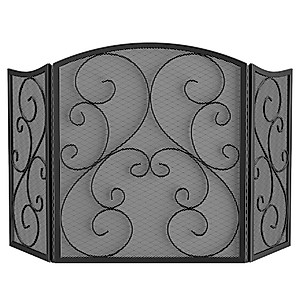 Fire Beauty Fireplace Screen 3 Panel Wrought Iron Metal 48"(L) x30(H) Spark Guard Cover(Black)