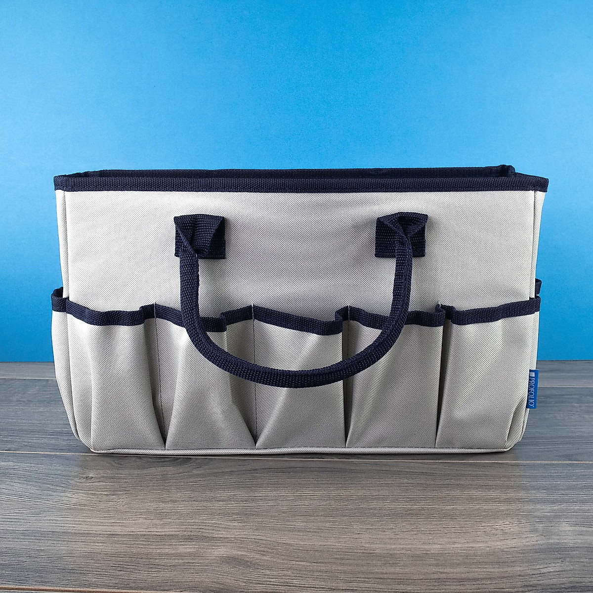 Itoya ProFolio Entourage Tote Bag Organizer with 12 Pockets - Gray Craft Organizer and Art Supply Case with Navy Handles - Art Bag and Craft Storage Organizer - Art Caddy Sewing Organizer and Storage