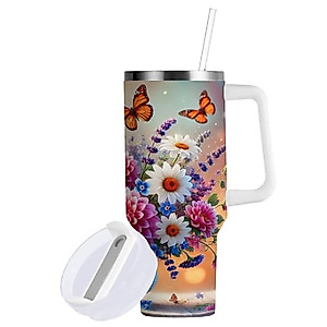 RPLIFE Floral with Butterflies Coffee Tumbler, Stainless Water Bottle, Insulated Cup with Straw, Coffee Tumbler for Women