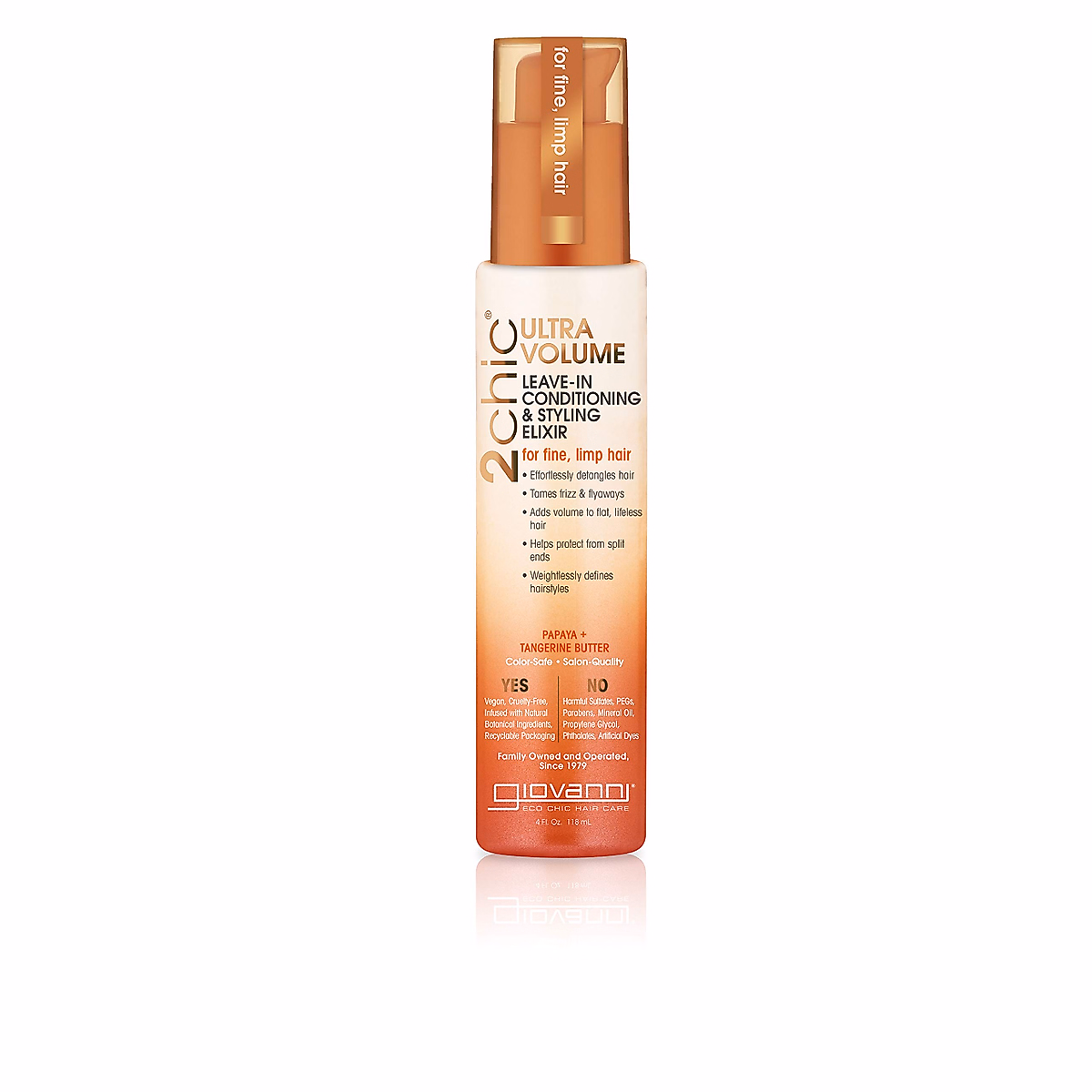 GIOVANNI 2chic Ultra-Volume Leave-In Conditioning & Styling Elixir - Builds Volume, Promotes Weightless Control for Fine/Thin Hair, Volumizing Formula with Papaya & Tangerine Butter, Color Safe - 4 oz