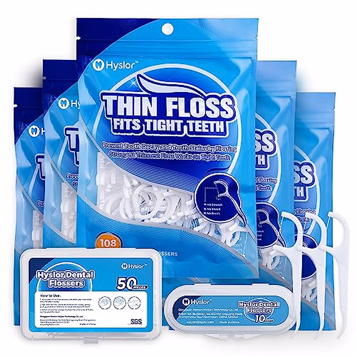 Hyslor Floss, Dental Floss Picks 600 Count, No-Stretch, No-Shred & No-Break Use, Smooth and Thin Floss for Clean Teeth and Gums, 2 Portable Travel Cases