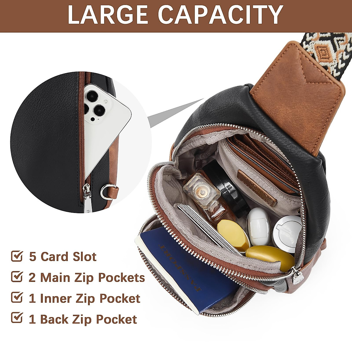 BOSTANTEN Sling Bag for Women Crossbody Purse Cross body Bag Leather Chest Bag with Removable Guitar Strap, Black and Brown