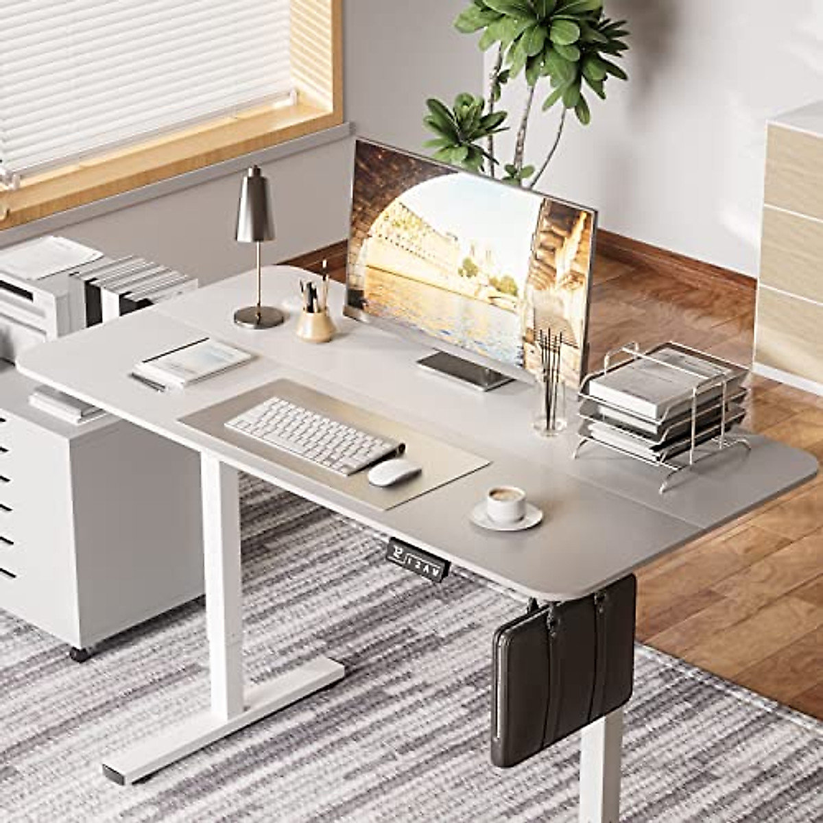 Furniwell Electric Height Adjustable Standing Desk Large Sit Stand up Desk Home Office Computer Desk 55 x 24 Inches Lift Table with T-Shaped Metal Bracket, White