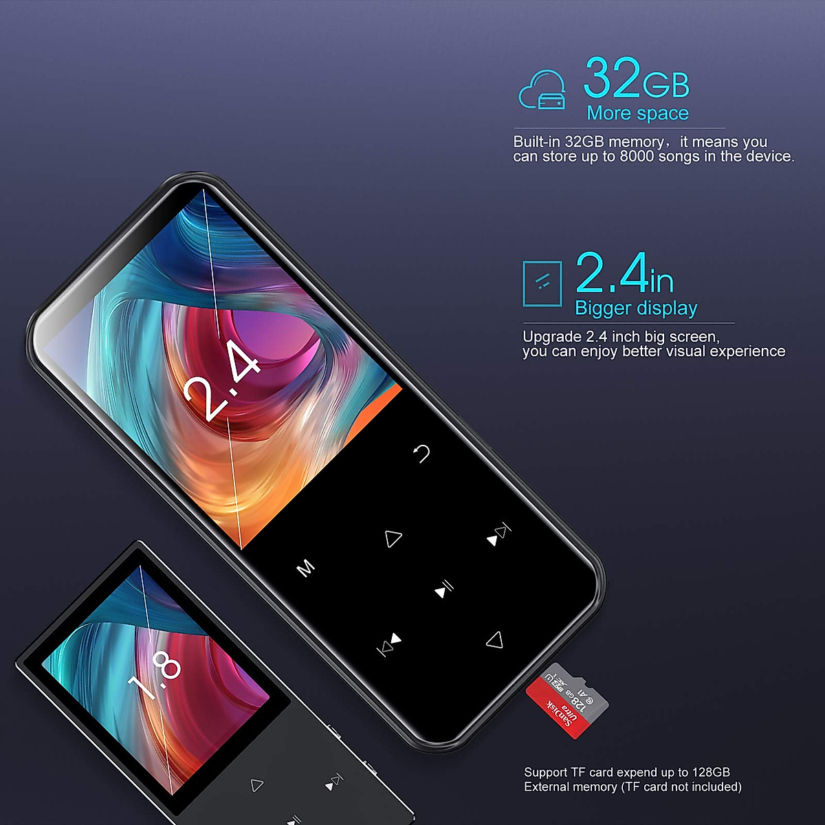 RUIZU 32GB HiFi Lossless MP3 Player with Bluetooth 5.0, DSD High Resolution Digital Audio Player, High-Res Portable Music Player with 2.8 inch Full Touch Screen, Support up to 512GB Micro SD Card