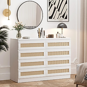 Patikuin 8 Drawer Double Dresser for Bedroom, Rattan Chest of Dressers, Modern Wooden Dresser Chest, Beside Table for Closet, Nursery, Living Room and Entryway, White