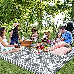 famibay 5x8 Outdoor Rug Waterproof Plastic Straw Rug Patio Rugs Outdoor Waterproof Reversible Patio Mat Lightweight Portable Aztec Outdoor Area Rug for Patio Deck Balcony Camping(Grey)