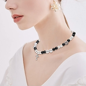 FLYEMMET Gothic Cross Charm Pendant Necklaces Y2k Fashion Black Beads Pearls Chain Choker Necklace for Women Men Jewelry Gifts (Smiley Face Beads)