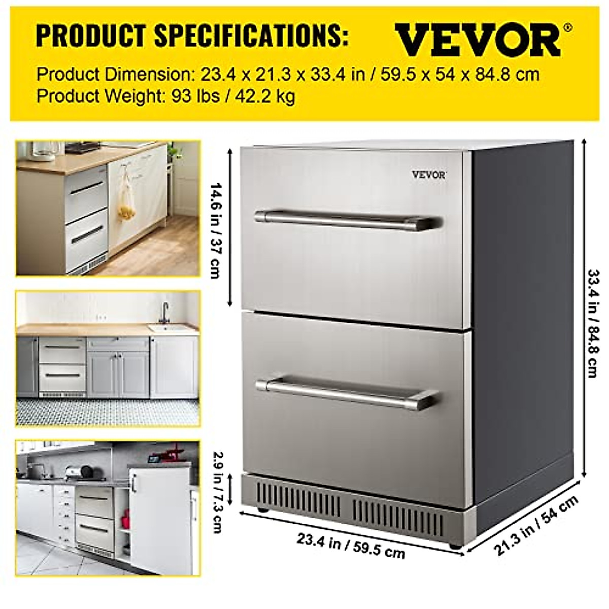 vevor 24" Undercounter Built-in Refrigerator, 5.12 Cu.ft. Double Drawer Indoor/Outdoor Beverage Fridge with Embraco compressor,32-50°F Cooling Range, Ventilated Cooling for Home and Commercial Use