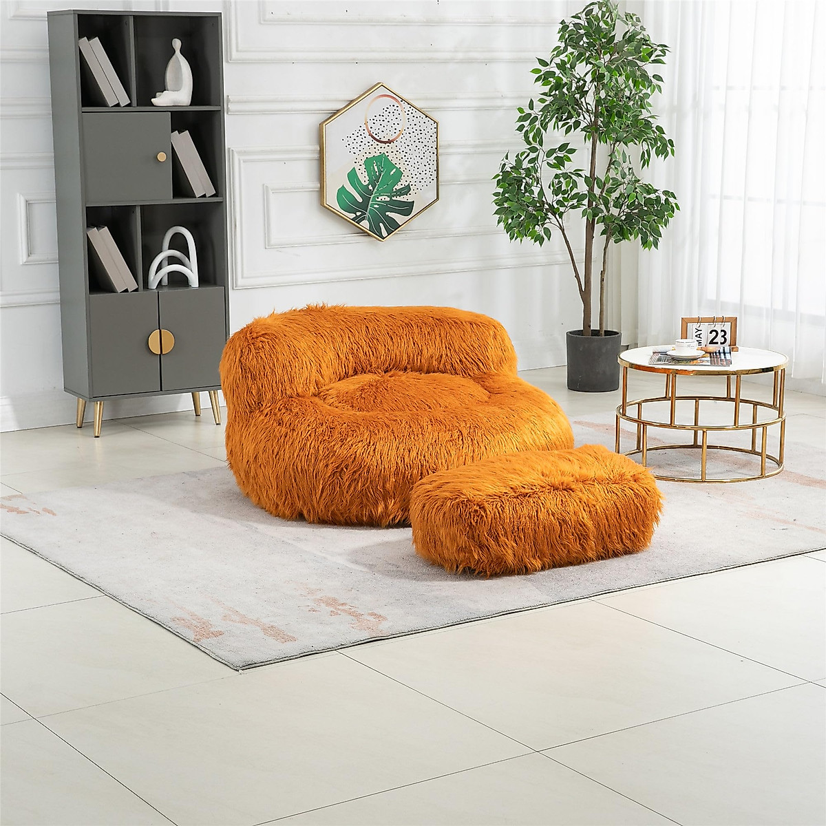 Plush Memory Foam Lounge Chair with Ottoman - Oversized Recliner High Back Lazy Sofa Chair with High Resilience Foam, Solid Wood Frame, Iron Legs - Comfortable Single Living Room Chair (Orange)
