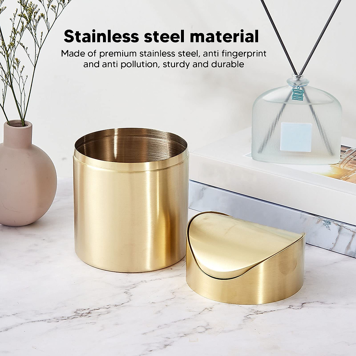 Topyond Mini Trash Can, Small Metal Garbage Bin,Gold Desktop Trash Can for Office Countertop, Stylish Design, Boat Trash Can