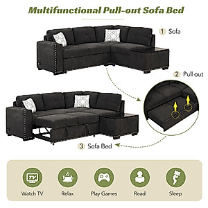 P PURLOVE Pull-Out Sleeper Sofa Bed, L-Shaped Corner Sofa with Storage Chaise, USB Ports, Power Sockets and Cup Holder, Chenille Sectional Couch for Living Room, Bedroom, Study, Black