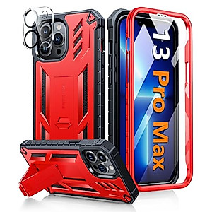 FNTCASE for iPhone 13 Pro-Max Case: Military Grade Shockproof Protective Phone Cover with Kickstand - Dual Layer Full Protection Matte Textured Drop Proof Heavy Duty Hard Cases - 6.7 Inch Red