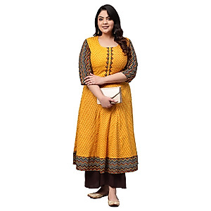 Yash Gallery Plus Size Cotton Geometric Print 3/4 Sleeve Round Neck Anarkali Kurta (Mustard Yellow, 3XL)