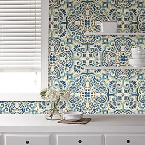 NuWallpaper NU2235 Florentine Tile Peel & Stick Wallpaper, Blue