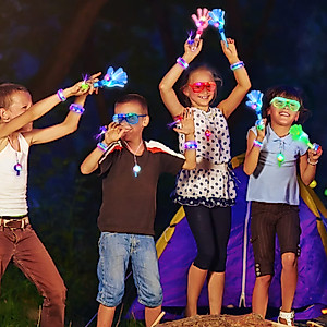 122 PCS Glow In The Dark Party Supplies Light Up Toy Party Favors with 12 Flashing Glasses LED Bracelets Flashing Hair Neon Peacock Finger Light LED Whistle Glow Hand Clappers and 50 Finger Lights