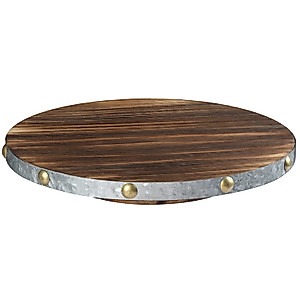 MyGift Round Rotating Serving Tray, Rustic Burnt Solid Wood and Galvanized Metal Lazy Susan Turntable with Brass Tone Studs
