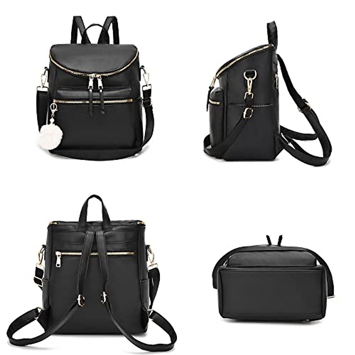 I IHAYNER Women Backpack Purse Fashion Leather Large Designer Travel Bag Ladies Shoulder Bags with Pompom Backpack for College Work, Black