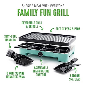 GreenLife Raclette Indoor Tabletop Grill, Healthy Ceramic Nonstick, 2-in-1 Grill and Griddle, 8 Square Nonstick Pans, Adjustable Temperature Control, Easy Indicator Light, PFAS-Free, Turquoise