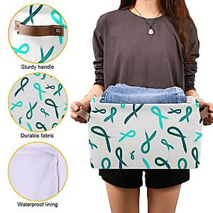 Teal Ribbon Painted Ovarian Cancer Storage Basket Foldable Large Closet Organizer Storage Containers for Office Closet Shelves, 1 Pack