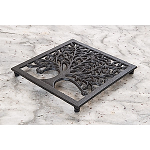 GASARÉ, Cast Iron Trivet for Hot Dishes, Pots, and Pans, Metal Trivet, Family Tree Design, Rubber Feet Caps, Ring Hanger, 8 Inches, Brown, 1 Unit