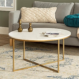 Walker Edison Modern Glam Round Accent Faux White Marble Coffee Table with Gold X-Base, 36 Inch