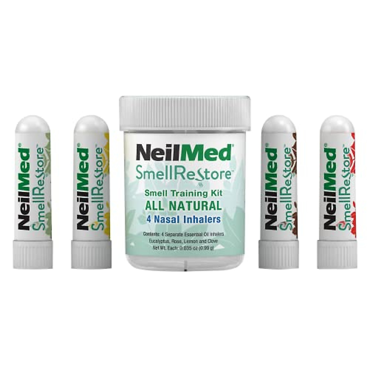 NeilMed Smell Restore - All Natural Smell Training Kit with 4 Separate Essential Oil Inhalers. Eucalyptus, Rose, Lemon and Clove