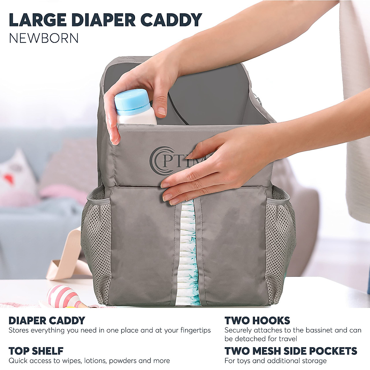 Accessory Bundle Including a Gray Baby Crib Mobile, Large Diaper Caddy, and 2 Mattress Sheets for Your Baby boy or Girl Bassinet