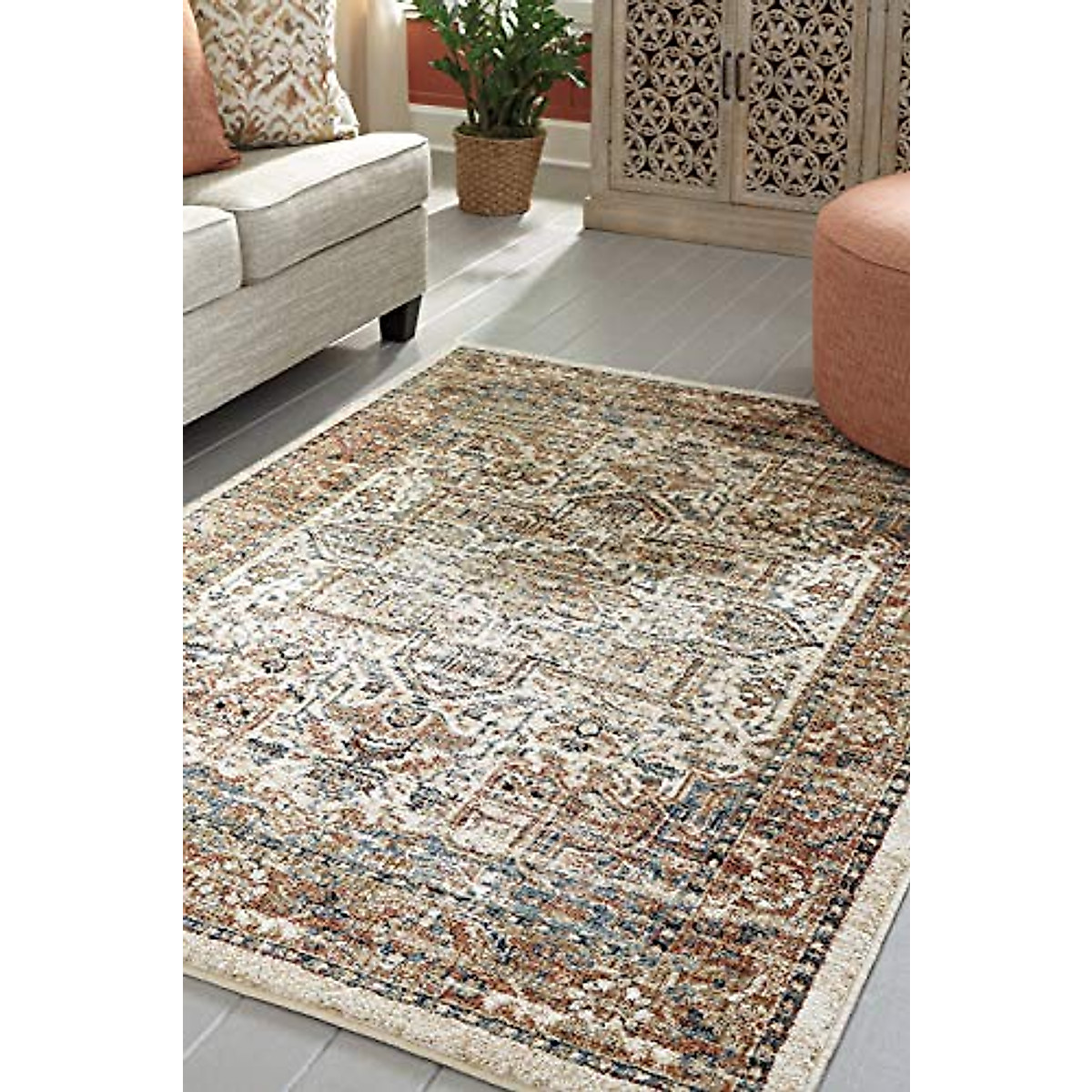 Signature Design by Ashley Jirair Traditional 8 x 10 ft Medallion Pattern Rug, Brown & Cream Multi Color
