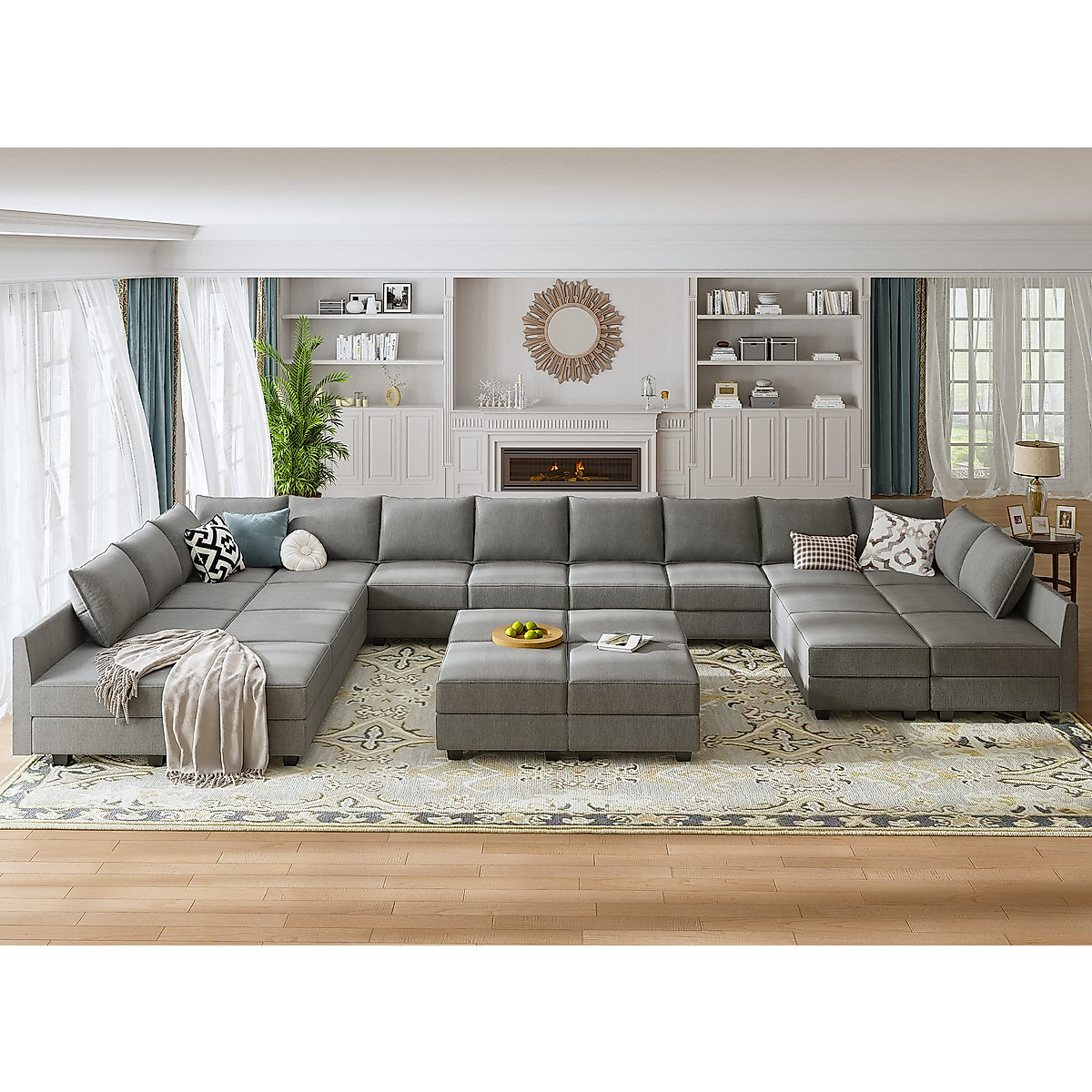 HONBAY Oversized Modular Sofa Couch with Ottoman U Shape Sectional Couch with Chaise Large Sleeper Modular Sectional Sofa with Storage Seats, Grey
