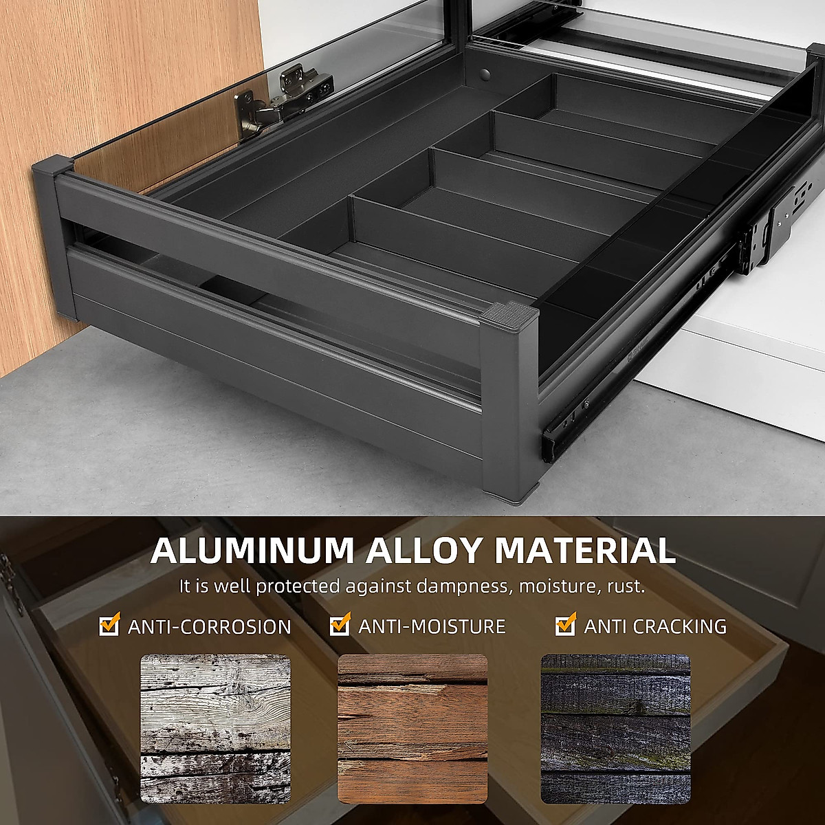 YOHOM Pull-Out Drawer Organizer Single Tier Sliding Drawer Organizer for Kitchen Cabinets, Aluminum Pull Out Tray with Dividers, DIY Installation 17" W x 21" D