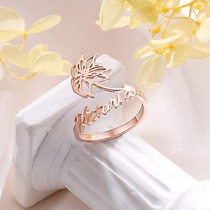 Personalized Name Ring for Women, Custom Adjustable Birth Flower Ring with Names Promise Birth Flower Ring for Her Gift for Women BFF (Rose Gold)