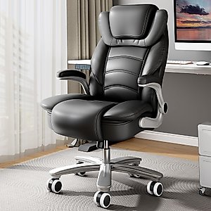 GYI Big and Tall Office Chair 400lb Wide Seat, High Back Leather Executive Office Chair with Flip-up Arms, Ergonomic Computer Desk Chairs for Home Office, Black