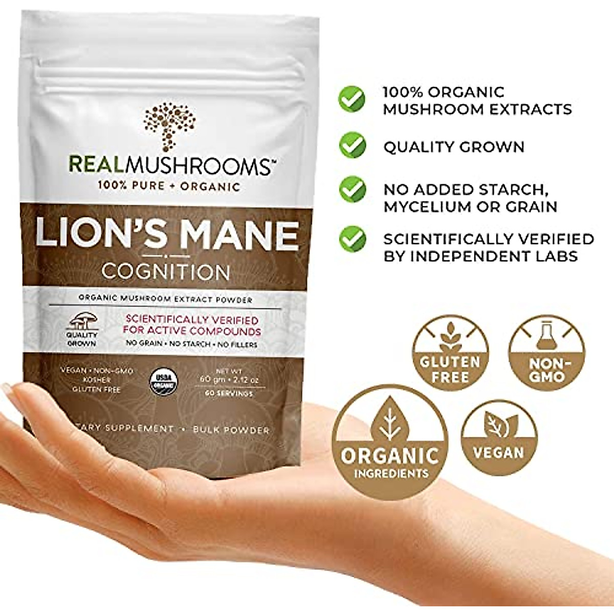 Organic Lions Mane Mushroom Powder Supplement - Improve Cognitive and Immune Support - Gluten Free Powder Extract