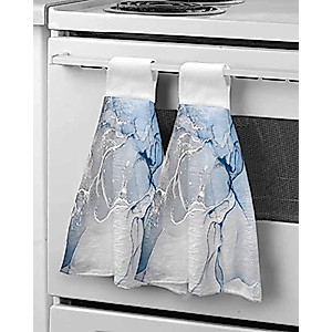 BOBOWUNY Marble 2 Pcs Hanging Kitchen Hand Towels, Modern Abstract Ombre Blue Grey Farmhouse Super Soft Microfiber Tie Towels Aborbent Washcloth for Bathroom Oven Tea Bar