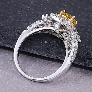 LRGKMCWTOB 925 Sterling Silver Full Diamond Ring Shiny Citrine Ring Square Cut 6CT Canary Yellow Halo Square Cushion Cut CZ Cubic Zirconia Statement Eternity Engagement Wedding Band Ring (Size 7)