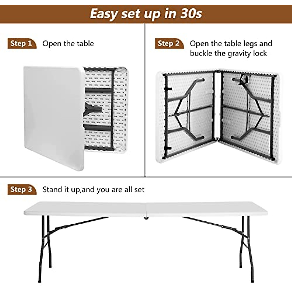 FDW 8FT Folding Table Camping Table Plastic Foldable Table Picnic Table for Outdoor Office Parties Camping