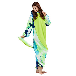 DELEY Unisex Tie Dye Green Axolotl Onesie Adult Halloween Pajamas Cosplay Animal Costume Plush Homewear Sleepwear Jumpsuit