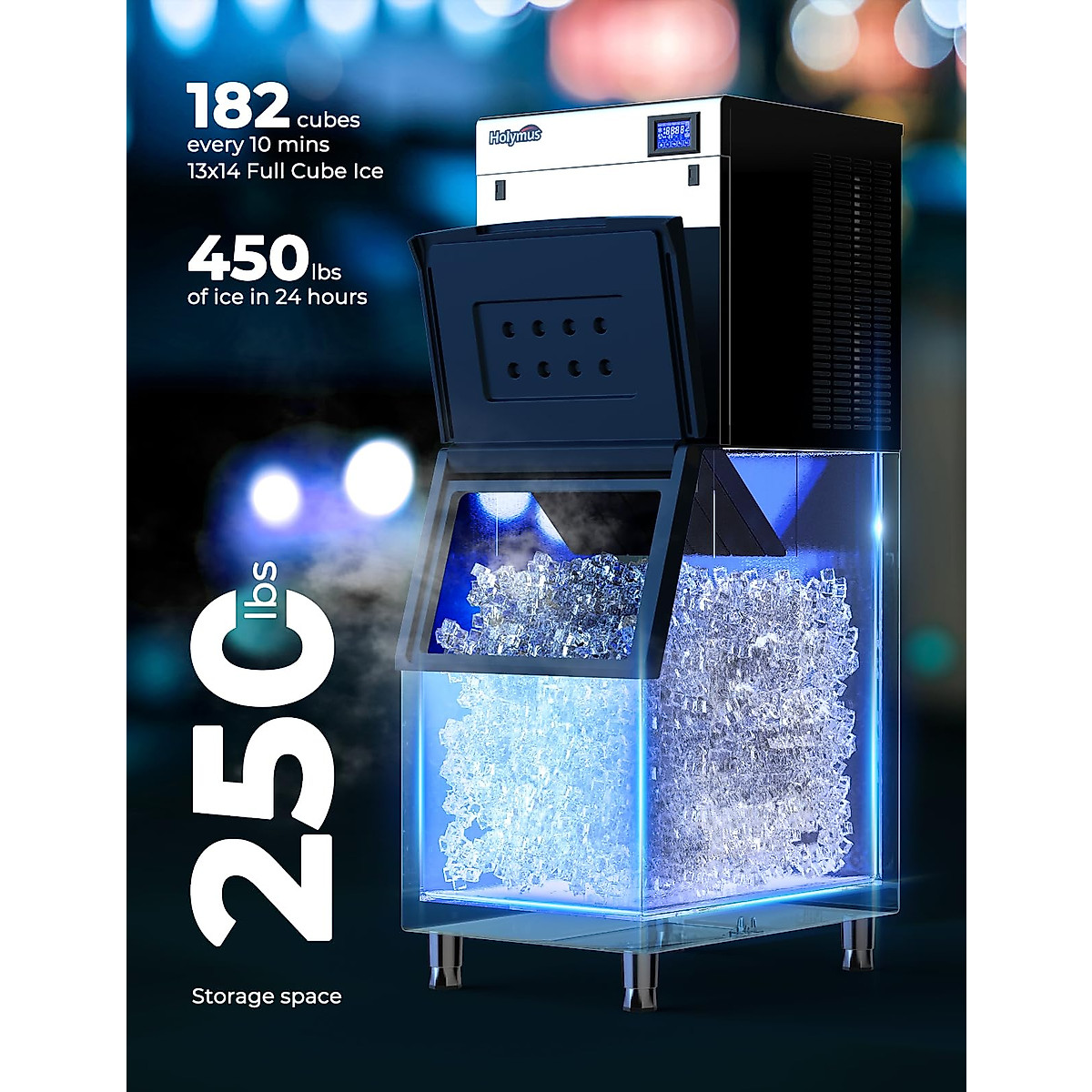 Pro 22" Commercial Ice Maker Machine 450LBS/24H with 250LBS Storage Bin, Powerfull Compressor, 182 Full Cube Ice Ready in 8-15 min, Air Cooled, Upgraded Industrial Ice Machine for Business