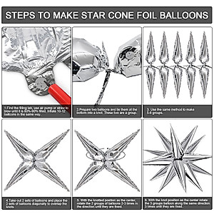 Silver Explosion Star Foil Balloons 50pcs Silver Starburst Balloons 26'' Big Foil Cone Balloon 12 Cone Point Star Balloon Metallic Spike Balloon Birthday Wedding Anniversary Backdrop Baby Shower Decor