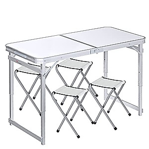 FrenzyBird Folding Picnic Table with 4 Stools, Aluminum Table Oxford Mat Chair Set for up to 4 Persons, Portable Lightweight and Heights Adjustable for Outdoor Camping Dining BBQ Party