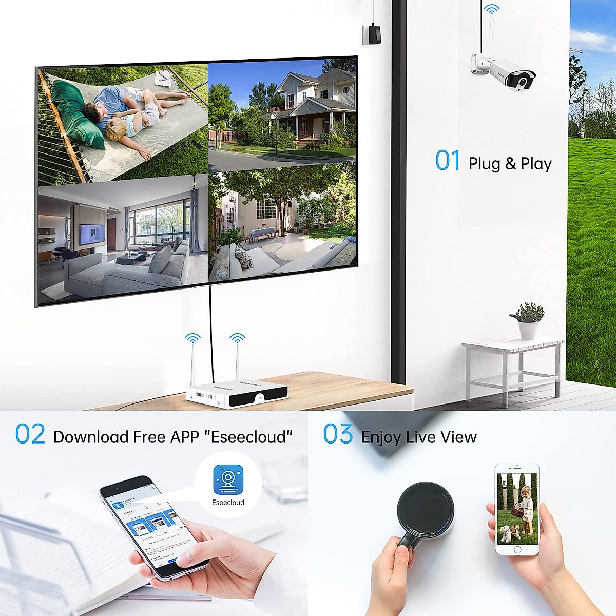 JOOAN 【Audio & 3MP】 Security Camera System Wireless,8 Channel NVR & 8pcs 1296P Bullet Cameras, IP67 Weatherproof,AI Human Motion Alert with 1TB Hard Drive,Free Extension Antenna